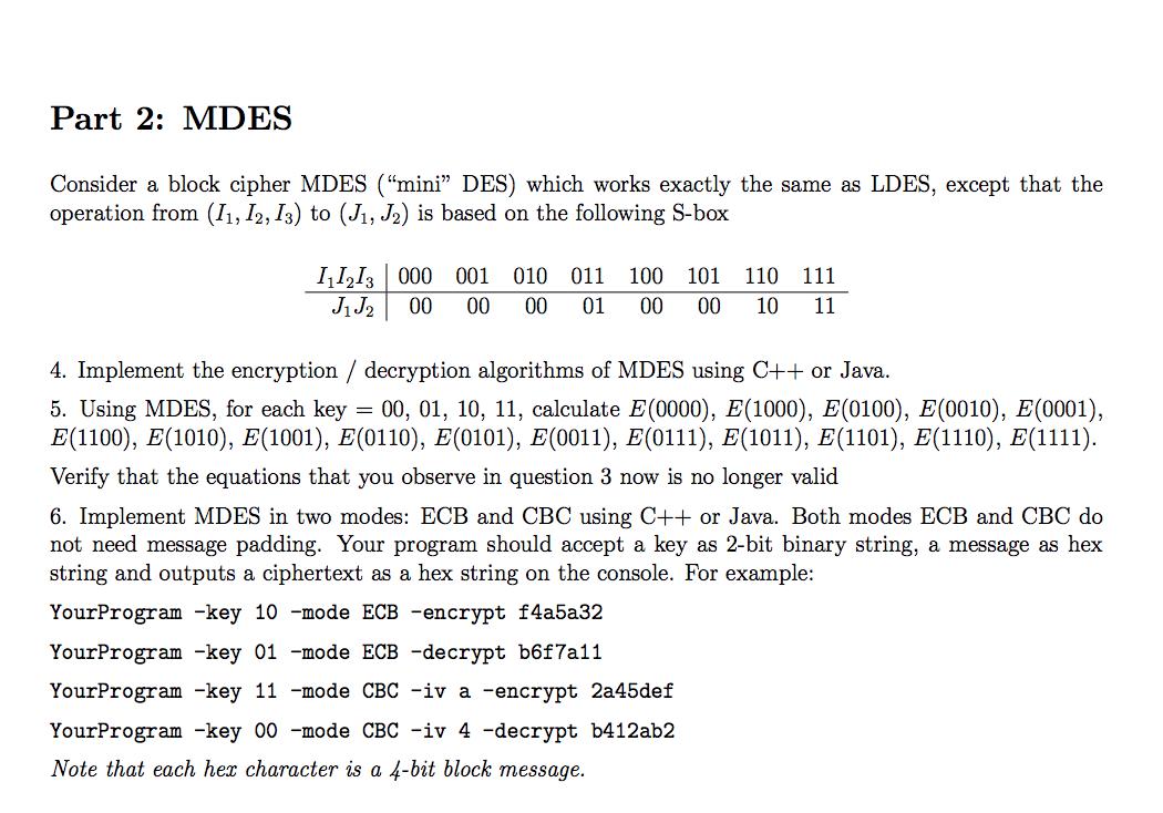 Part 2: MDES Consider a block cipher MDES (“mini” | Chegg.com