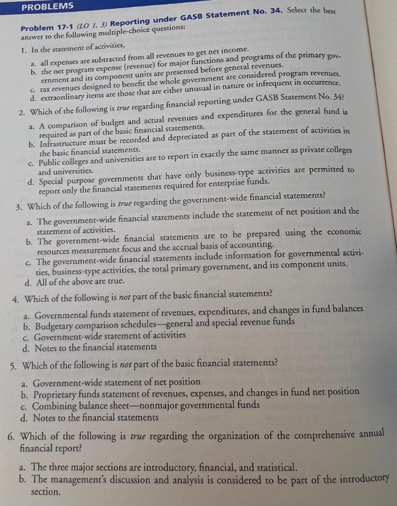 Solved Problem 17-1 (LO 1,3) Reporting under GASB Statement | Chegg.com