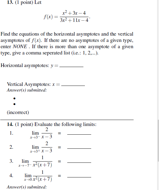 Solved 13. (1 point) Let x? +3x – 4 f(x) = 3x2 +11x – 4 Find | Chegg.com