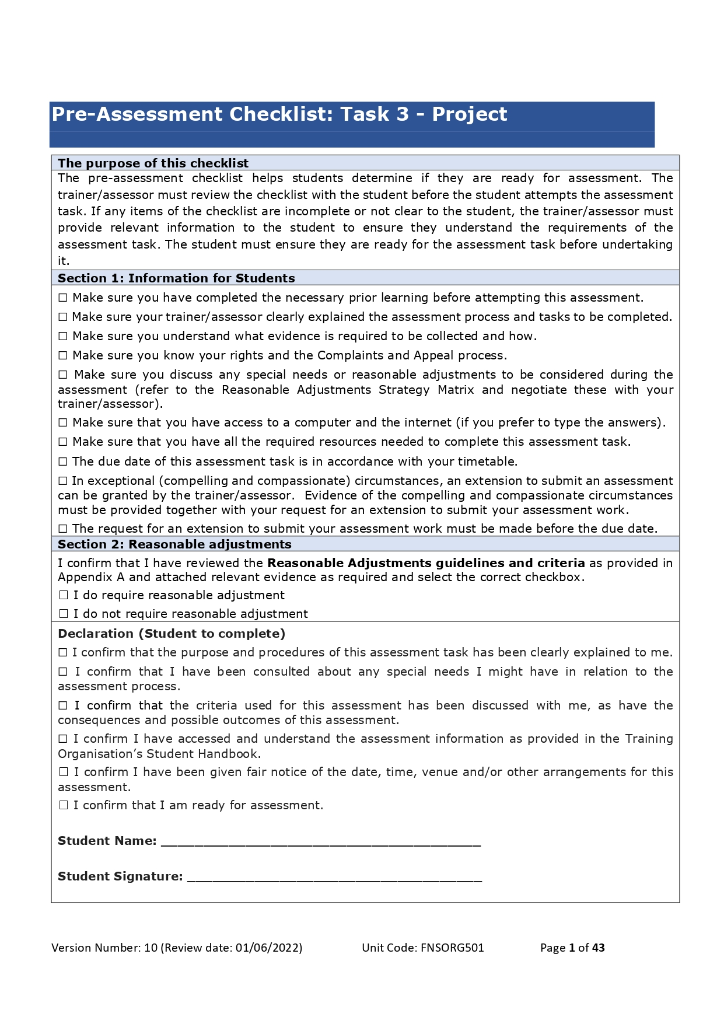 Pre-Assessment Checklist: Task 3 - Project The | Chegg.com