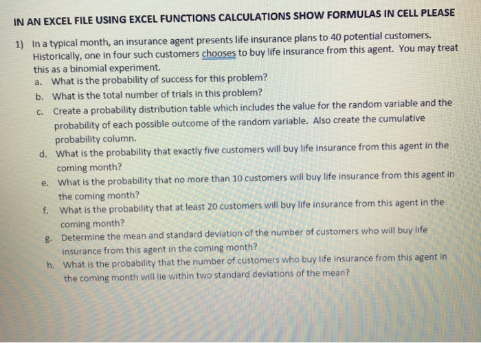Solved In An Excel File Using Excel Functions Calculations 6970