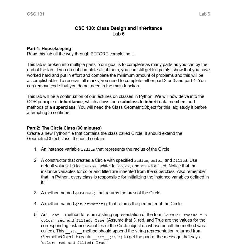 Solved Csc 131 Lab 6 Csc 130 Class Design And Inheritance 