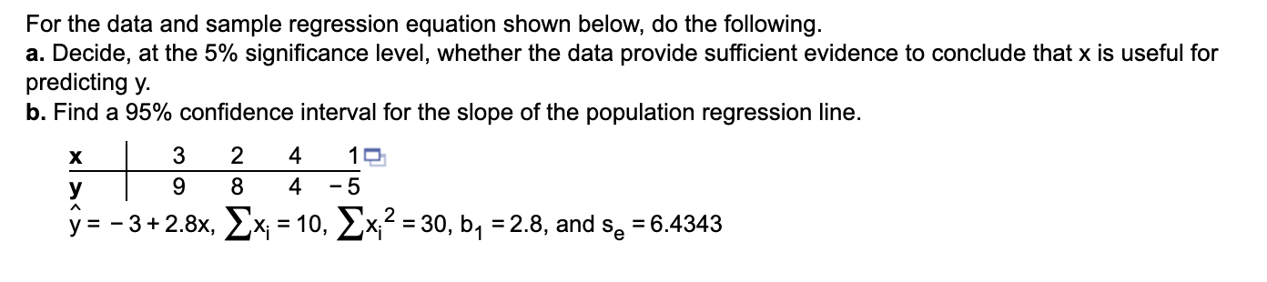 Solved For the data and sample regression equation shown | Chegg.com