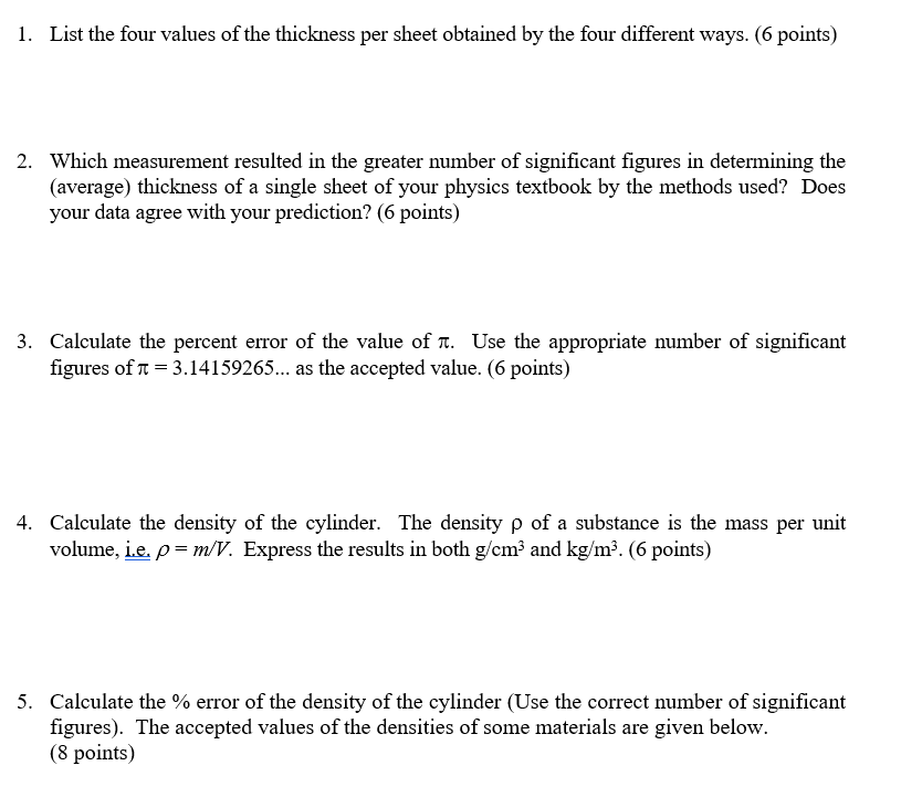 Solved TABLE 3.List the four values of the thickness per | Chegg.com