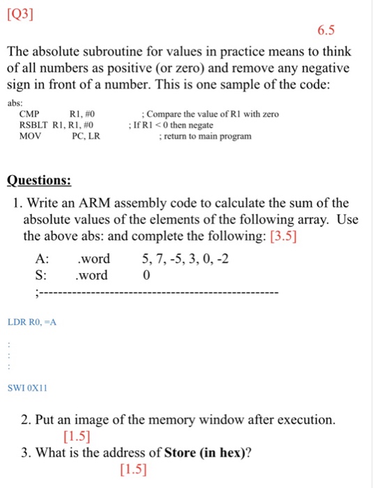 Solved 03] 6 5 The Absolute Subroutine For Values In