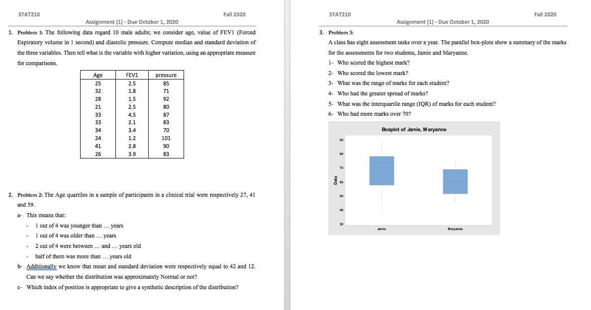 STAT210 Fall 2020 Assignment (1) - Due October 1, | Chegg.com
