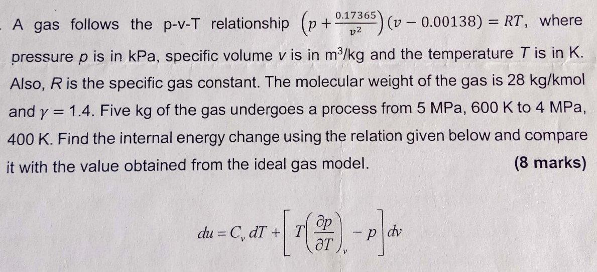 Solved A gas follows the p−v−T relationship | Chegg.com