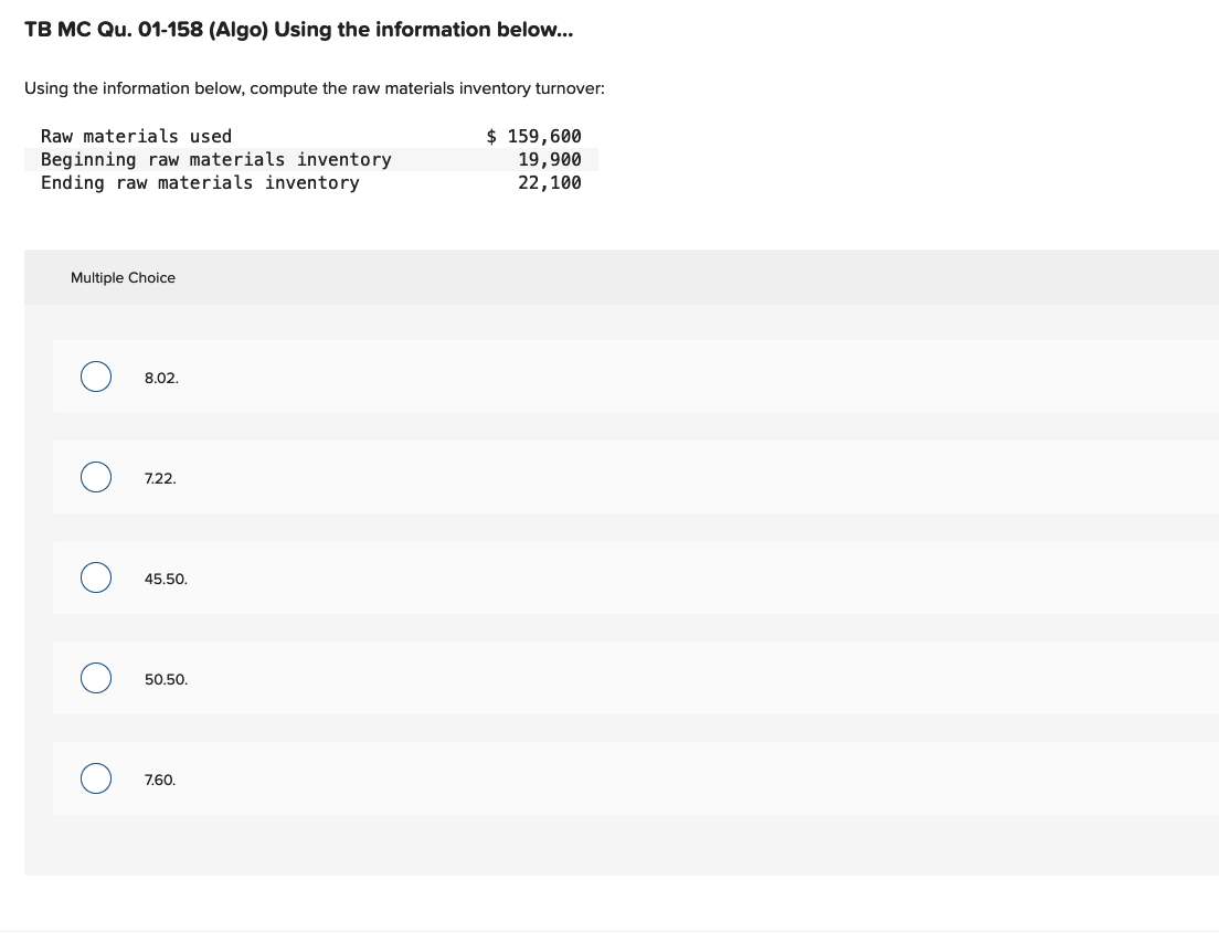 Solved TB MC Qu. 01-158 (Algo) Using the information | Chegg.com