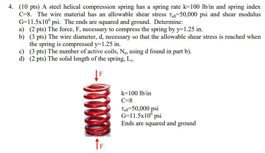 Solved 4. (10 pts) A steel helical compression spring has a | Chegg.com