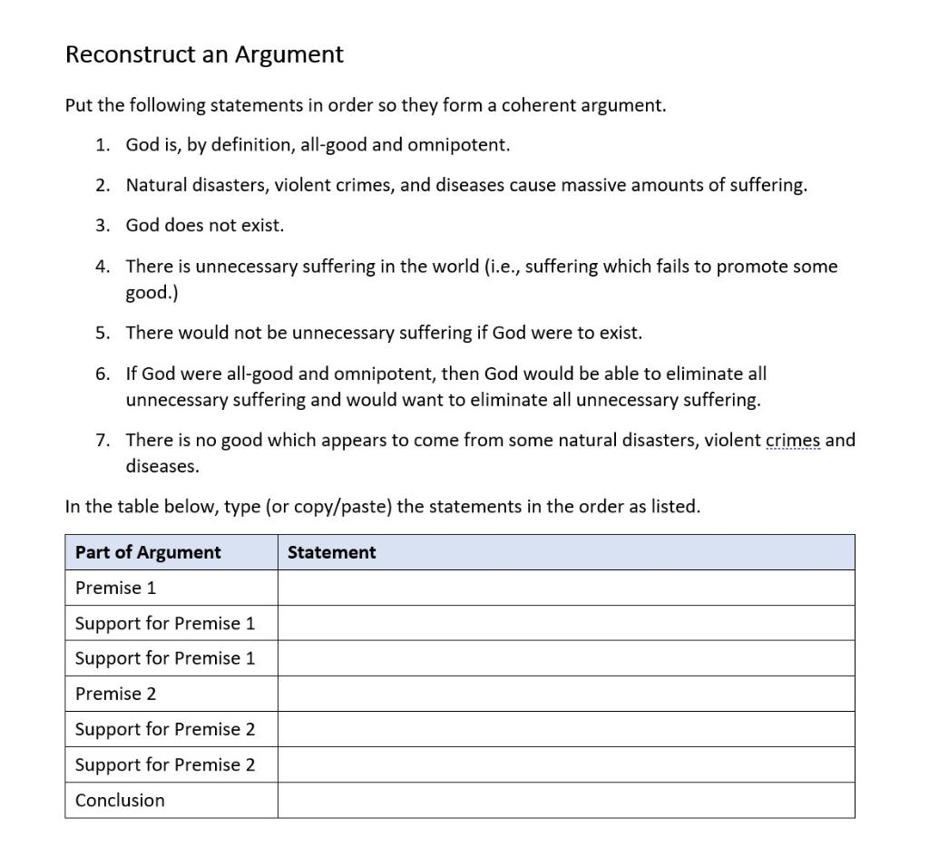 Solved Reconstruct an Argument Put the following statements | Chegg.com