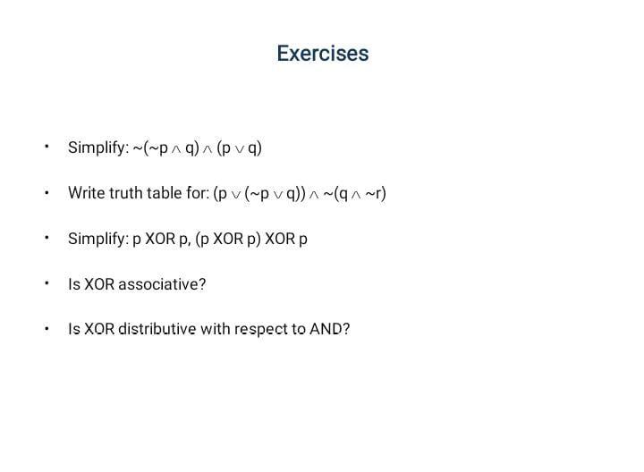 Solved Exercises Simplify:~(~p9) ^ (pva) . Write truth table | Chegg.com