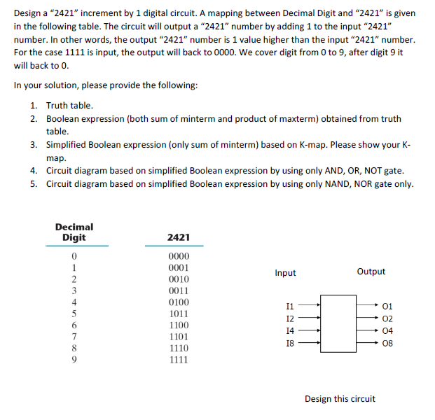 Solved Design a "2421" increment by 1 digital circuit. A | Chegg.com