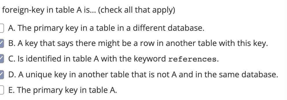 Solved foreign-key in table A is... (check all that apply) | Chegg.com