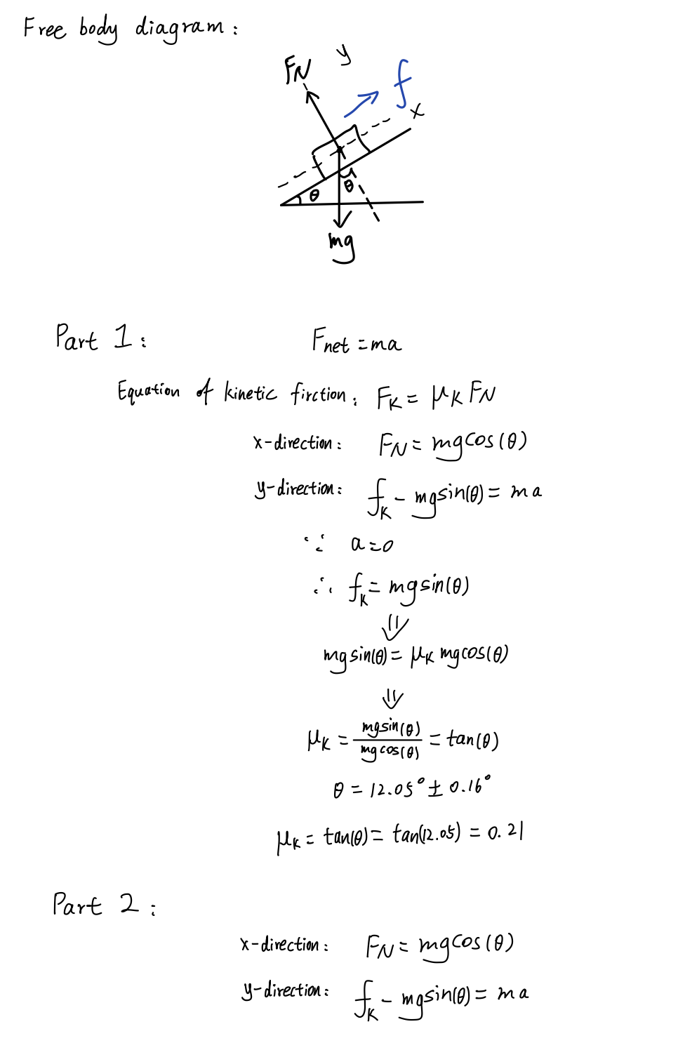 Free body diagram: Part 1: FN y Part 2: 0 Fnet = ma | Chegg.com