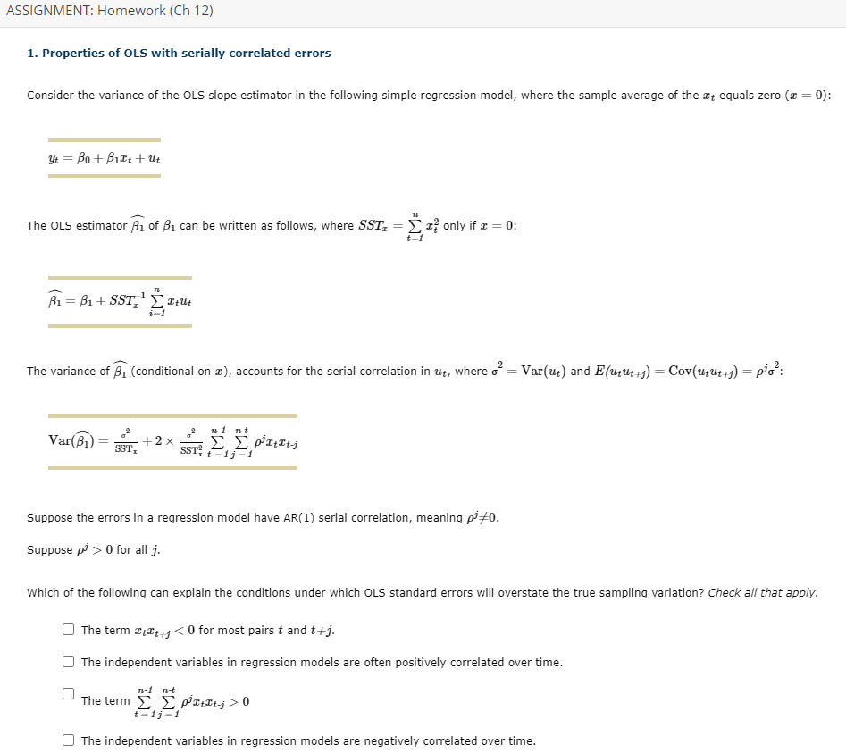 Solved ASSIGNMENT: Homework (Ch 12) 1. Properties of OLS | Chegg.com