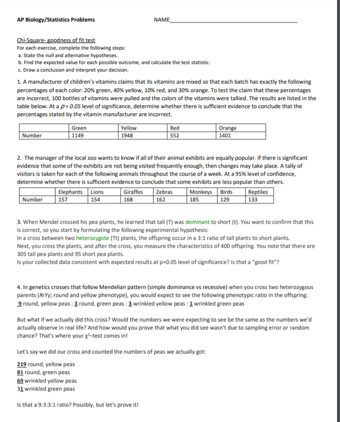 Solved AP Biology/Statistics Problems NAME | Chegg.com