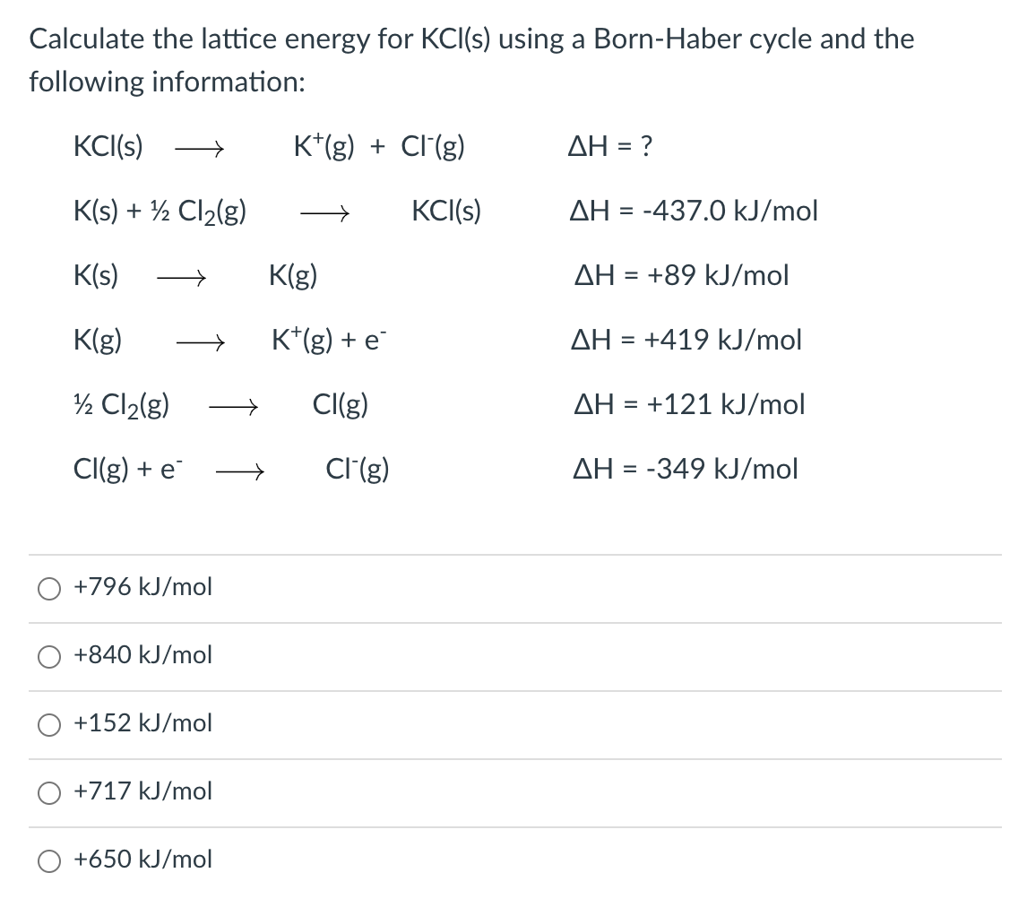Solved Calculate the lattice energy for KCl(s) using a | Chegg.com