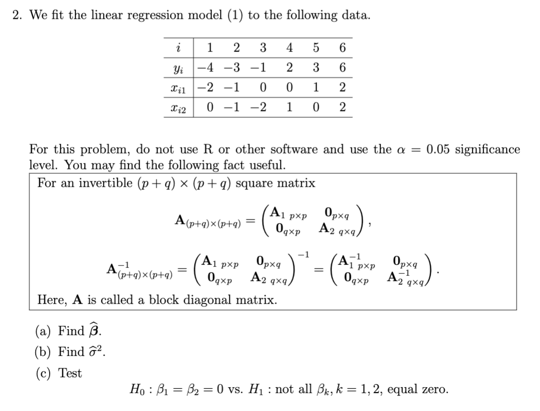 Solved 2. We fit the linear regression model (1) to the | Chegg.com