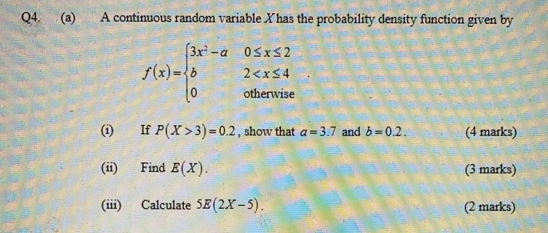 Solved Q4 . (a) A continuous random variable Y has the | Chegg.com