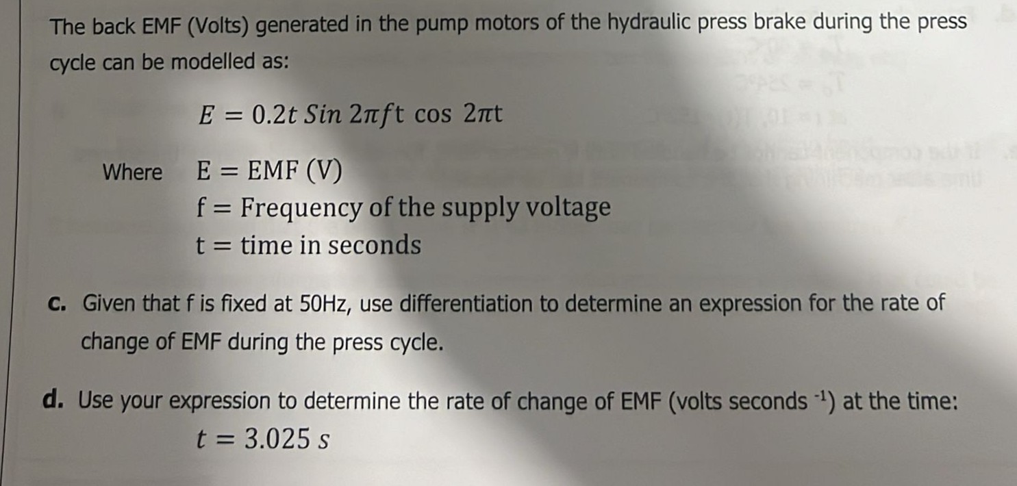 Solved The back EMF (Volts) ﻿generated in the pump motors of | Chegg.com