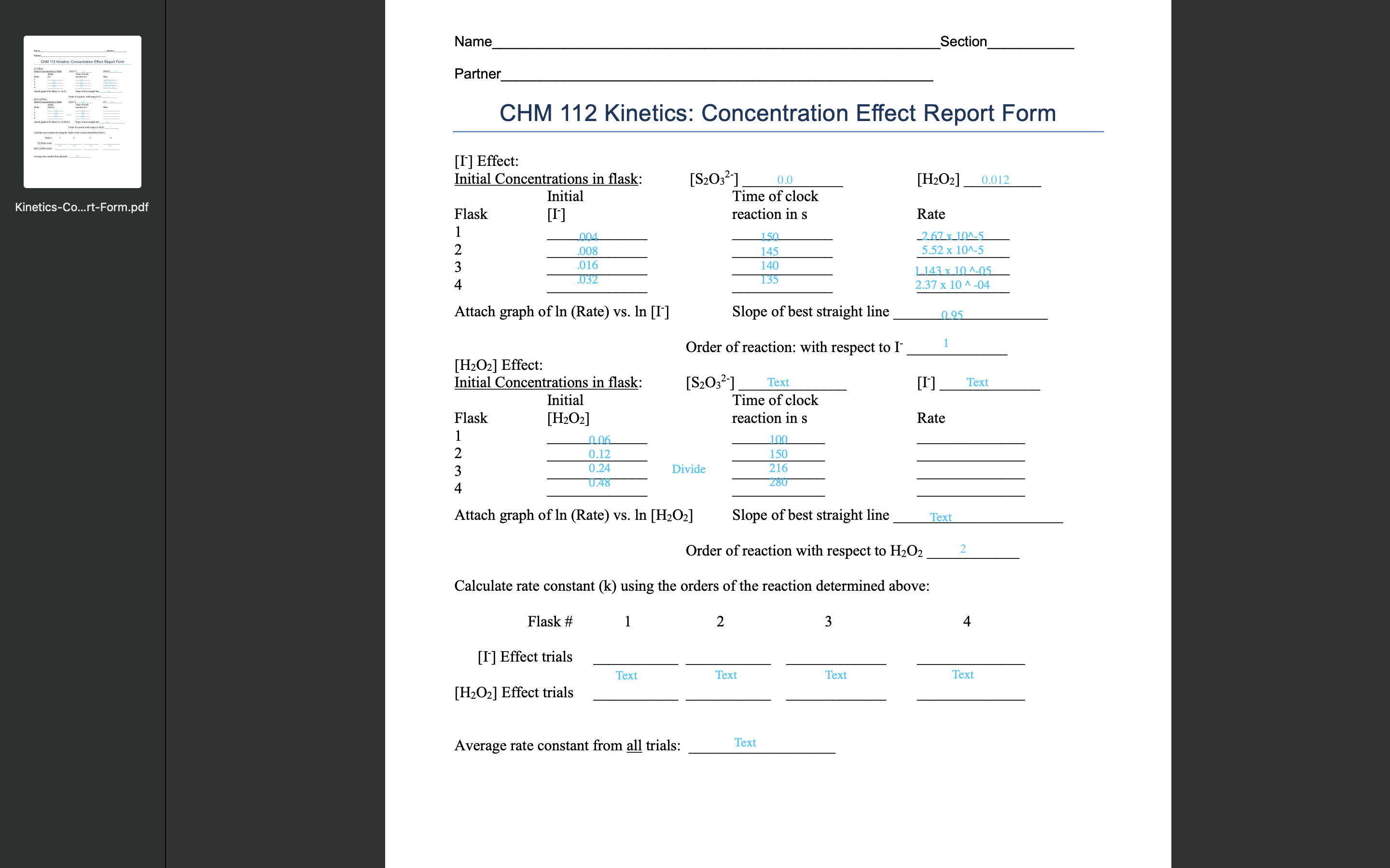 CHM 112 Kinetics: Concentration Effect Report Form | Chegg.com