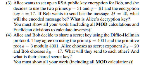Solved (3) Alice wants to set up an RSA public key | Chegg.com