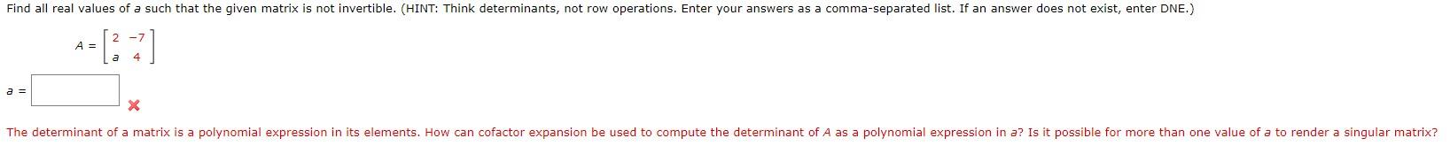 Solved A=[2a−74] a= | Chegg.com