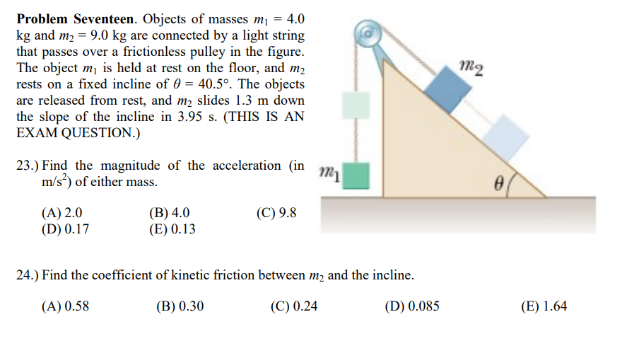 Solved Problem Seventeen. Objects of masses m1=4.0 kg and | Chegg.com