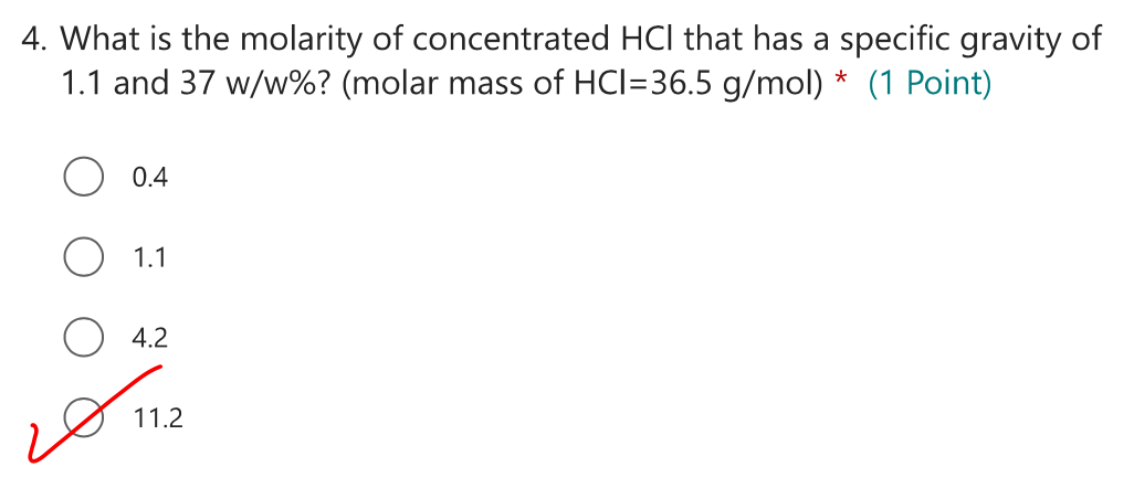 Solved What is the molarity of concentrated HCl ﻿that has a | Chegg.com