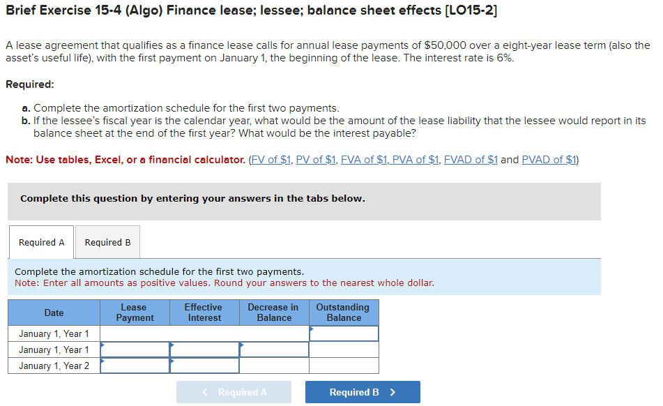 Solved Brief Exercise 15-4 (Algo) Finance lease; lessee; | Chegg.com