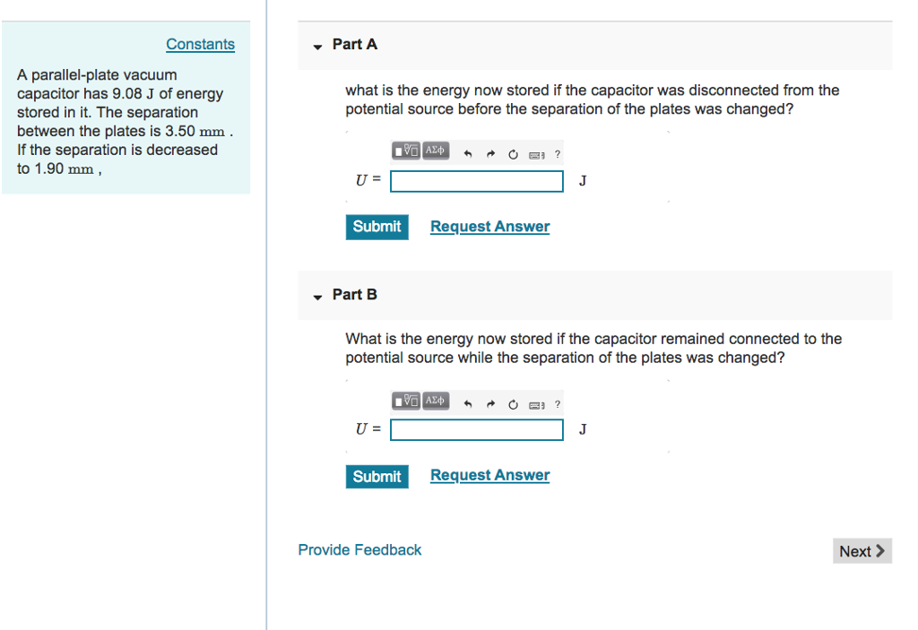 Solved Constants Part A A parallel-plate vacuum capacitor | Chegg.com