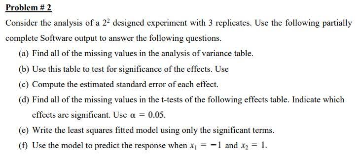 Solved Problem # 2 Consider the analysis of a 22 designed | Chegg.com