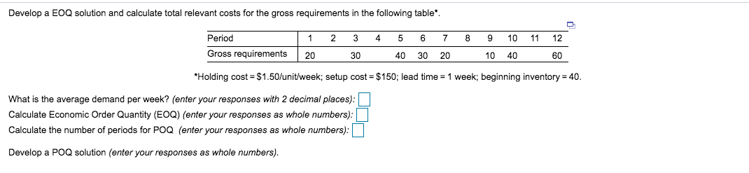 Solved Develop a EOQ solution and calculate total relevant | Chegg.com