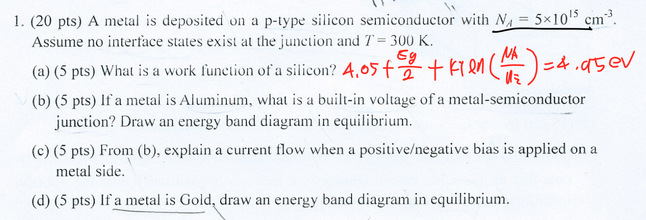 Solved 1. (20 pts) A metal is deposited on a p-type silicon | Chegg.com