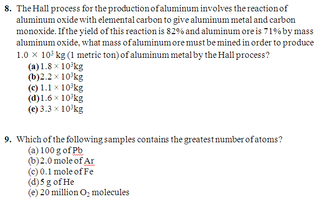 Solved 8. The Hall process for the production of aluminum | Chegg.com