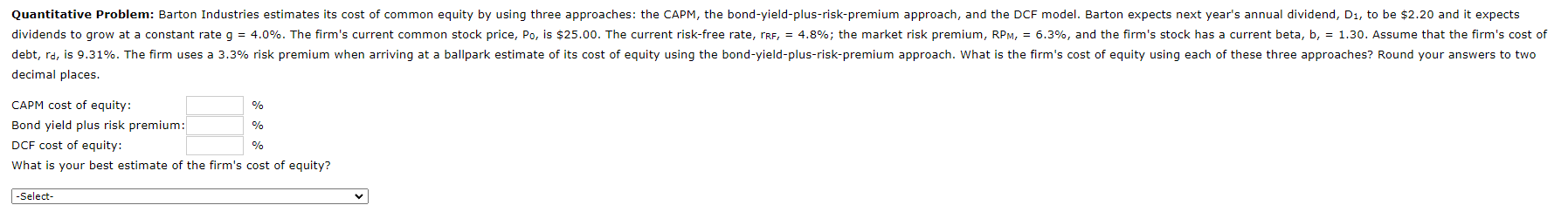 Solved decimal places. \begin{tabular}{l|l} CAPM cost of | Chegg.com