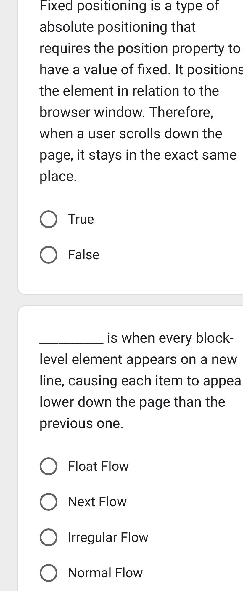 Solved FIxed positioning is a type of absolute positioning | Chegg.com