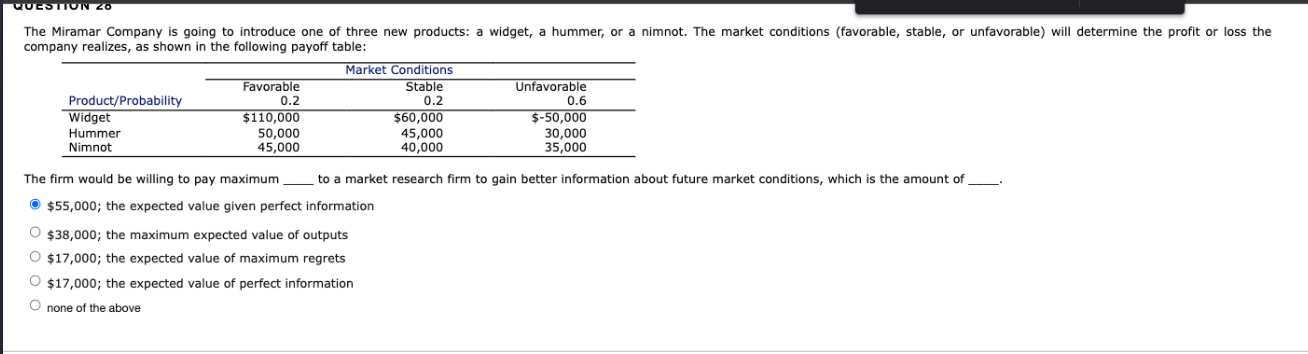 Solved $55,000; the expected value given perfect information | Chegg.com