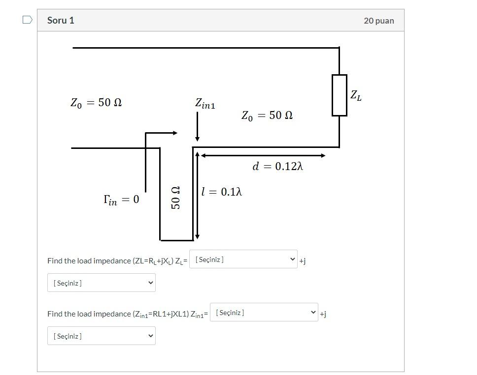 Solved u Soru 1 20 puan ZL Zo = 50 12 Zin1 Zo = 50.2 d = | Chegg.com