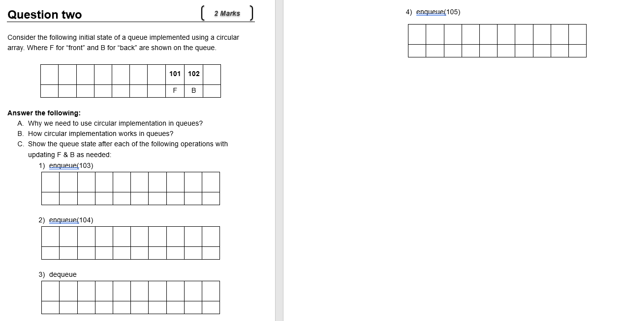 Solved Question two [2 Marks ] 4) enqueue(105) Consider the | Chegg.com