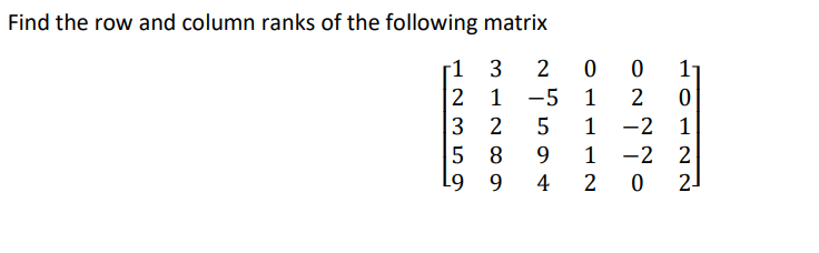 Solved Find the row and column ranks of the following matrix | Chegg.com