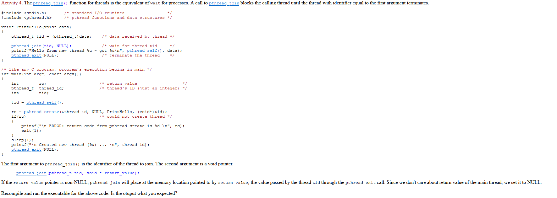 Activity 4. The pthread join() function for threads | Chegg.com