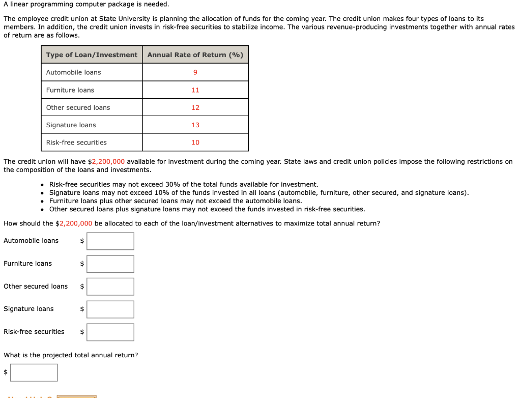 Solved A Linear Programming Computer Package Is Needed The 