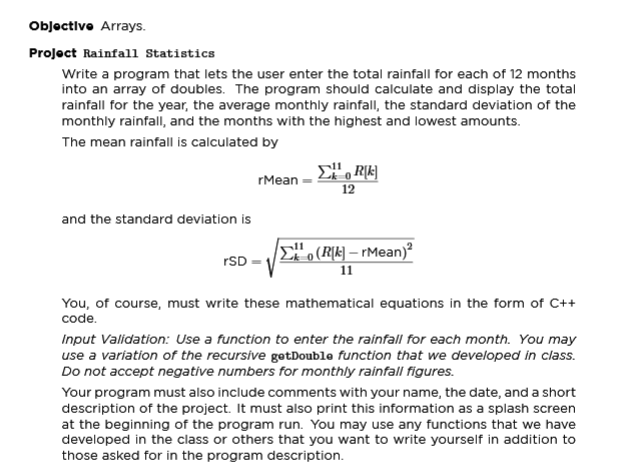 Solved Objective Arrays. Project Rainfall Statistics Write a | Chegg.com