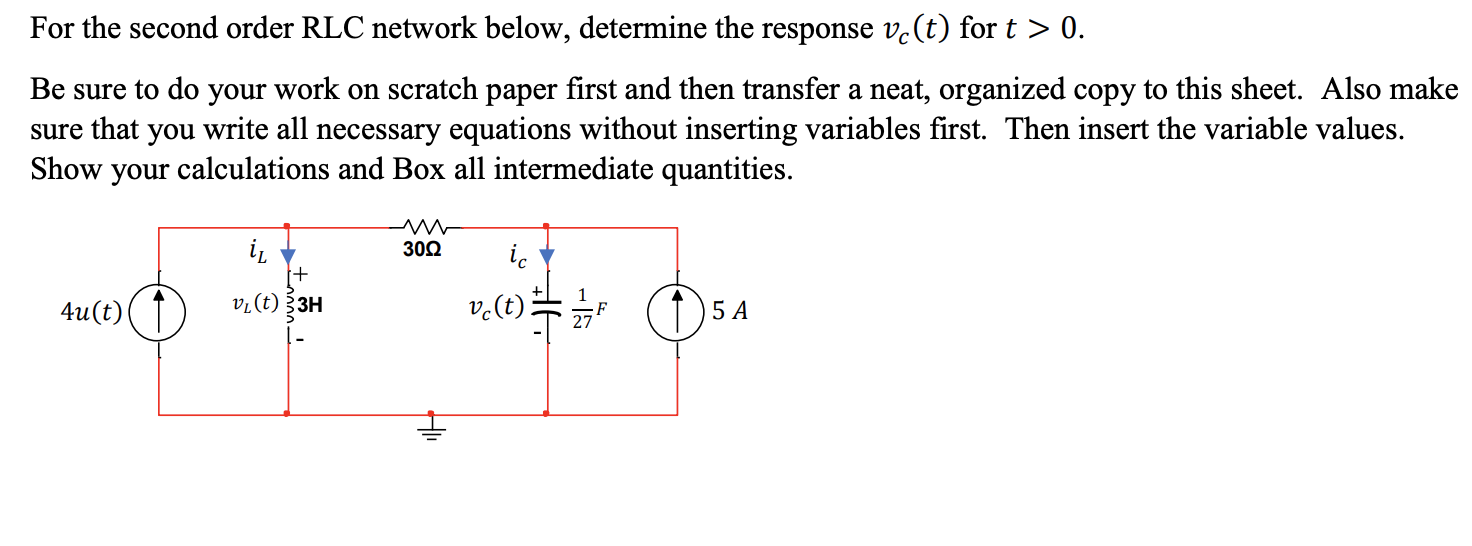 Solved For the second order RLC network below, determine the | Chegg.com