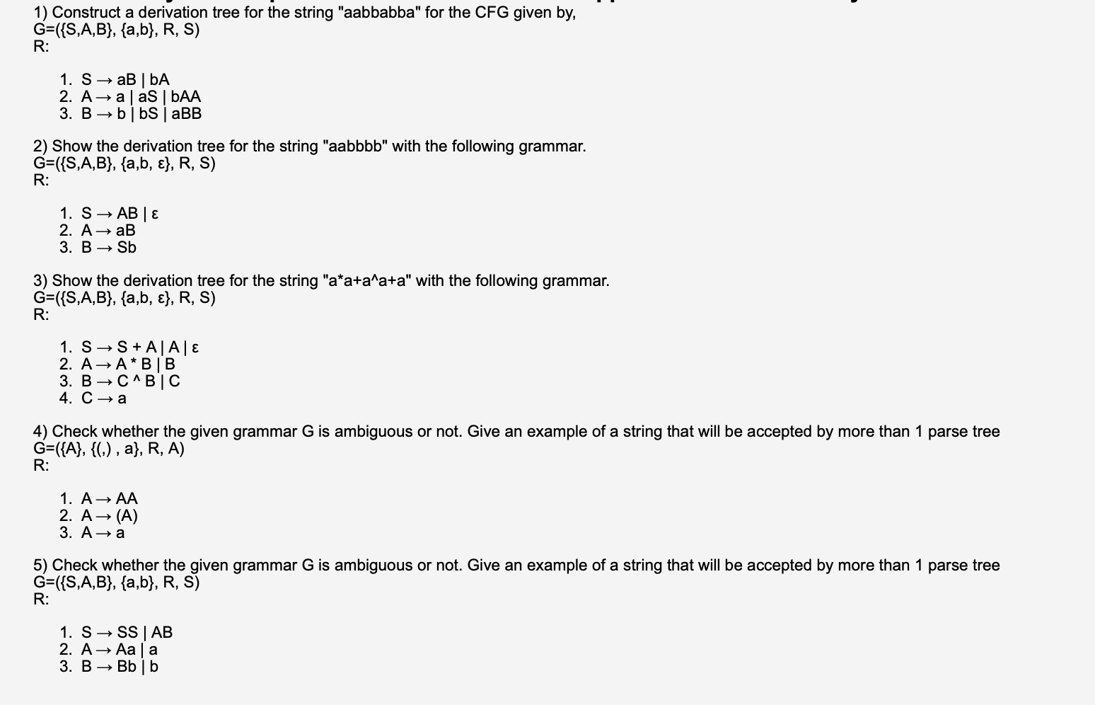 Solved 1) ﻿Construct a derivation tree for the string | Chegg.com