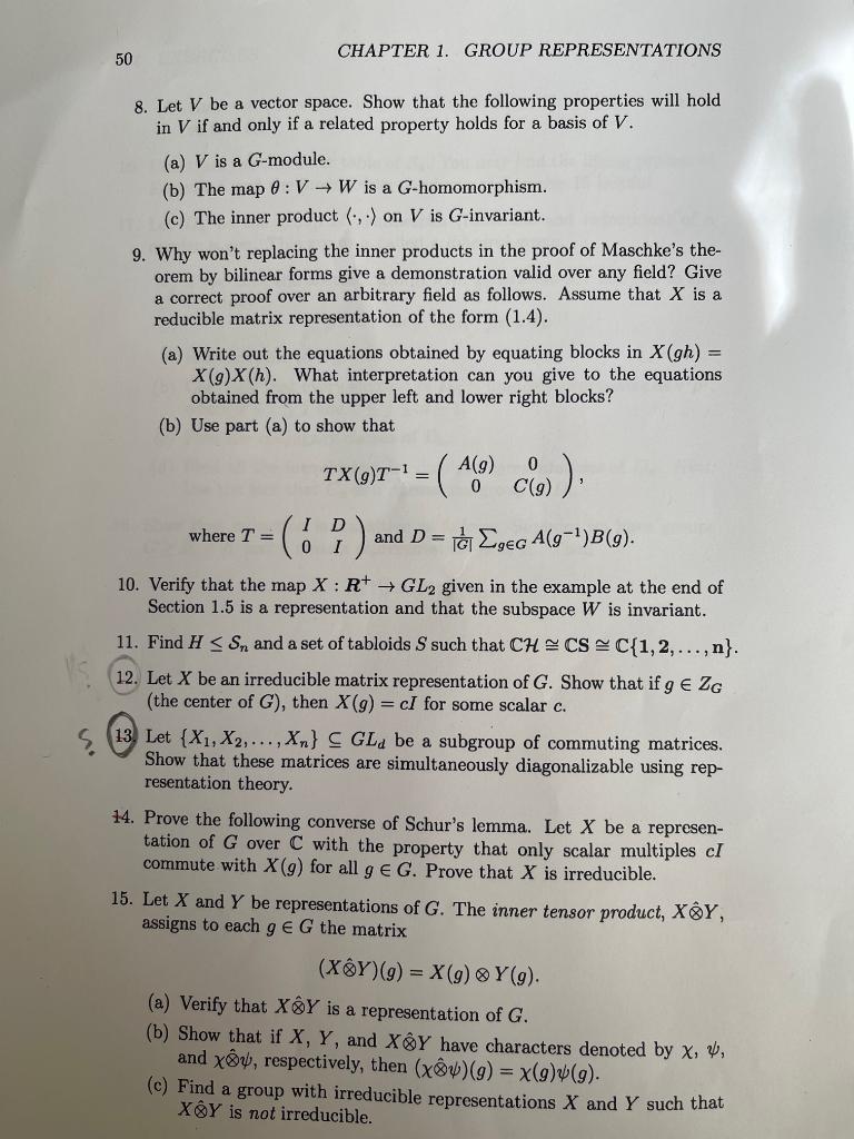 Solved 50 CHAPTER 1. GROUP REPRESENTATIONS 8. Let V be a | Chegg.com