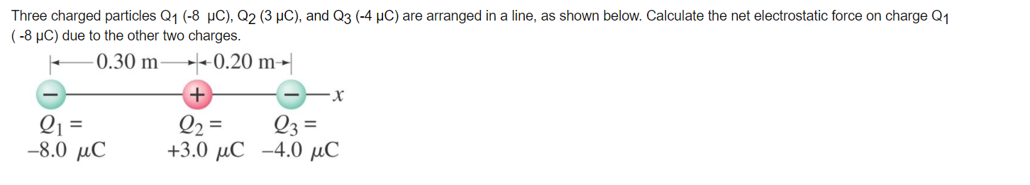 Solved Three charged particles Q1 (-8 UC), Q2 (3 uC), and Q3 | Chegg.com