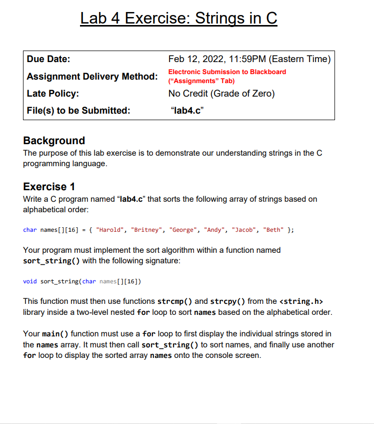 Solved Lab 4 Exercise Strings In C Due Date Assignment Chegg