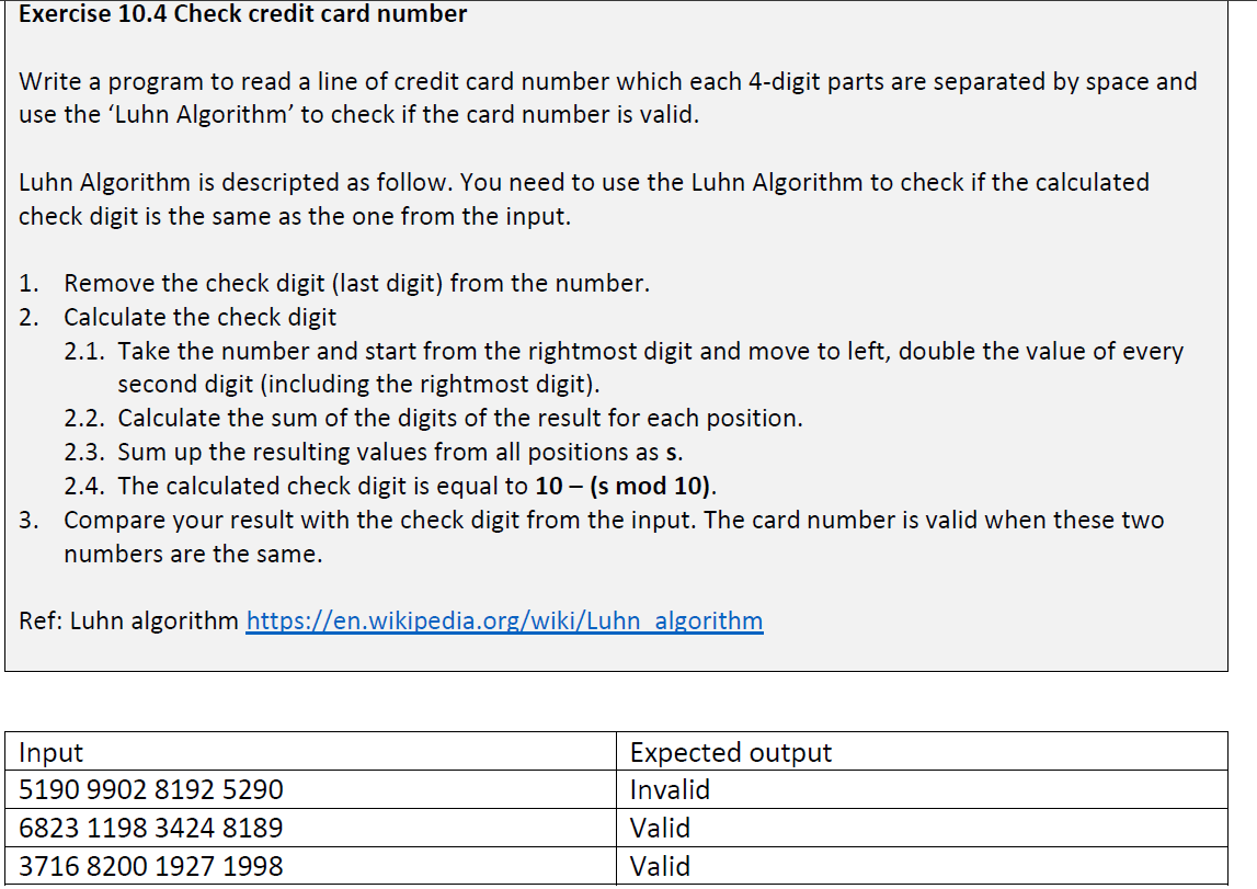 Solved Exercise 10.4 Check credit card number Write a | Chegg.com